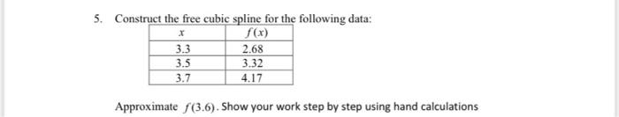 Solved 5. Construct the free cubic spline for the following | Chegg.com