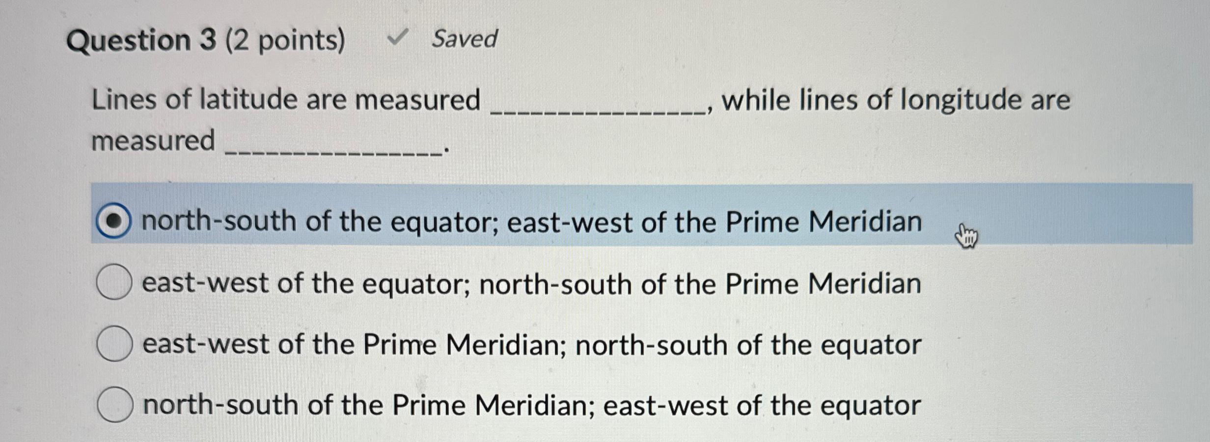 Solved Question 3 (2 ﻿points)SavedLines of latitude are | Chegg.com