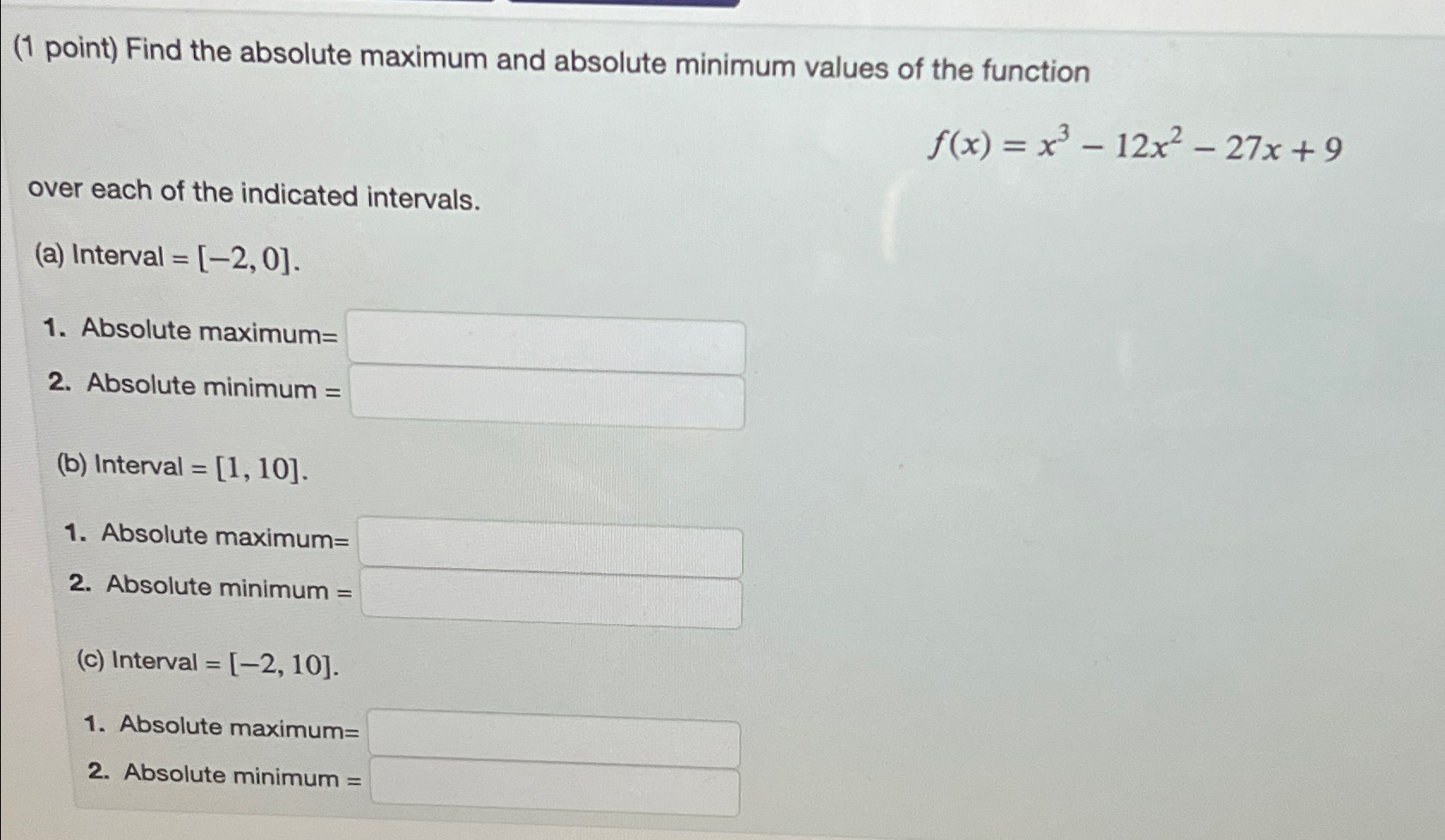 Solved (1 ﻿point) ﻿Find the absolute maximum and absolute | Chegg.com