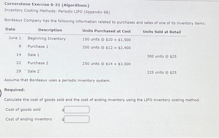 Solved Cornerstone Exercise 6-31 (Algorithmic) Inventory | Chegg.com