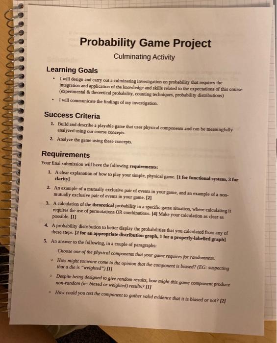 Probability Game Project Culminating Activity | Chegg.com