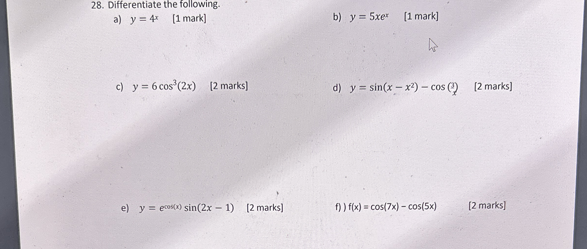 Solved Differentiate the following.a) ﻿ mark]b) y=5xex[1 | Chegg.com