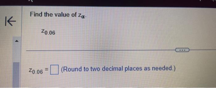 Solved Find the value of zα. z0.06 z0.06= (Round to two | Chegg.com