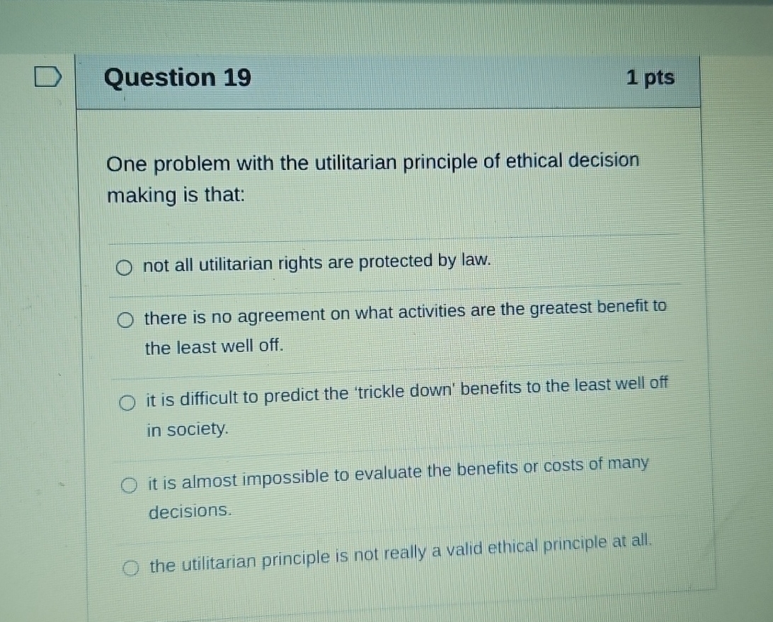 Solved Question 191 ﻿ptsOne problem with the utilitarian | Chegg.com