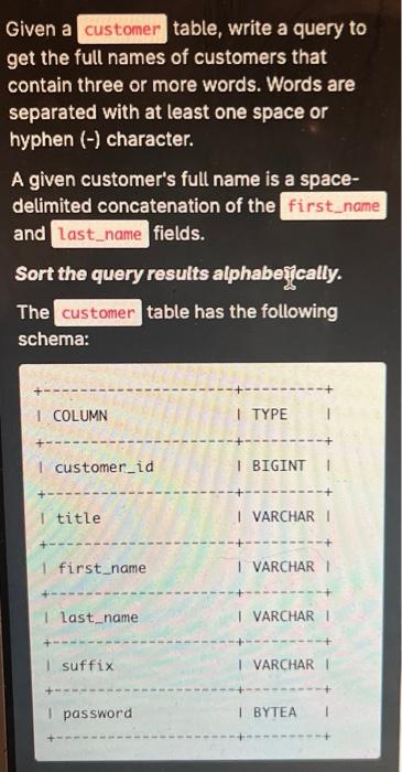 Solved Given a customer table, write a query to get the full | Chegg.com