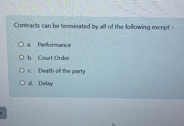 Solved Contracts can be terminated by all of the following | Chegg.com