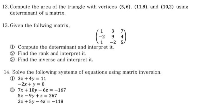 Solved 12. Compute the area of the triangle with vertices | Chegg.com