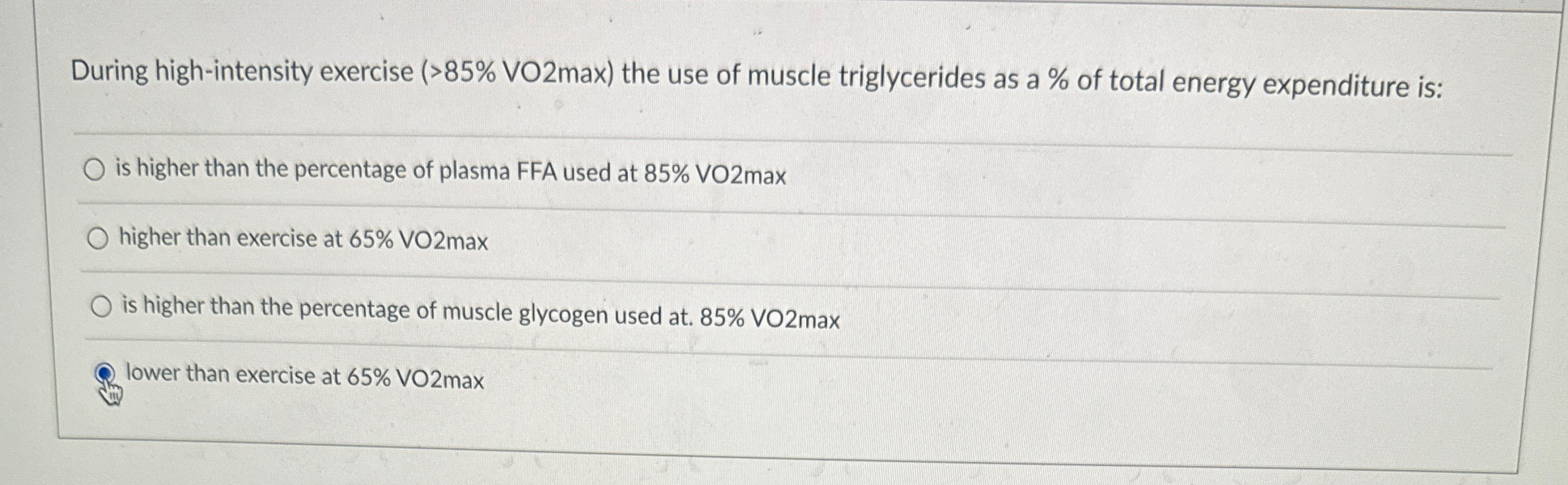 Solved During high-intensity exercise (>85% ﻿VO2max) ﻿the | Chegg.com