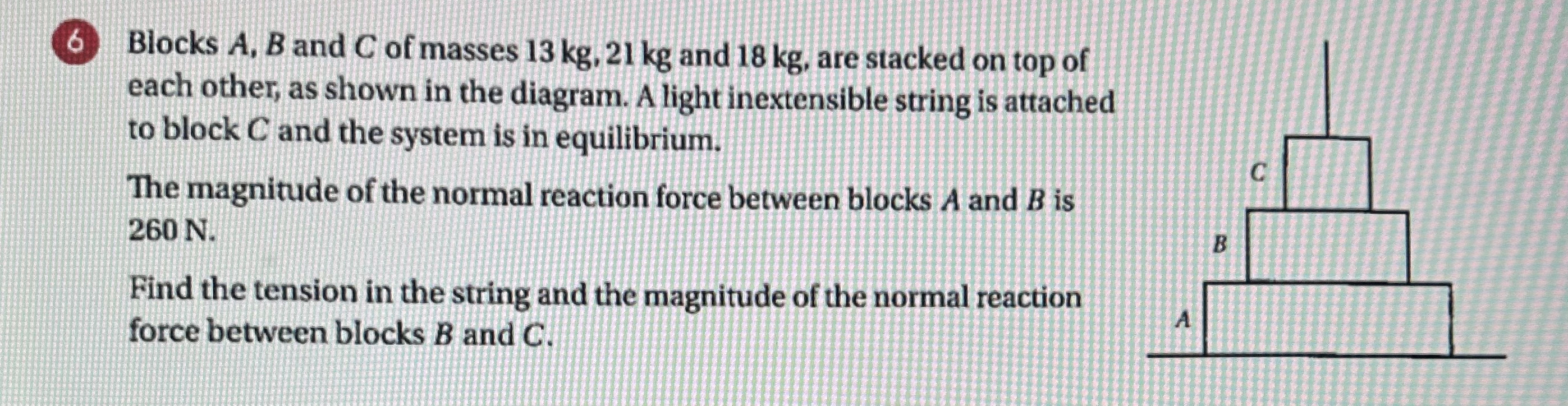 Solved Blocks A,B ﻿and C ﻿of masses 13kg,21kg ﻿and 18kg, | Chegg.com
