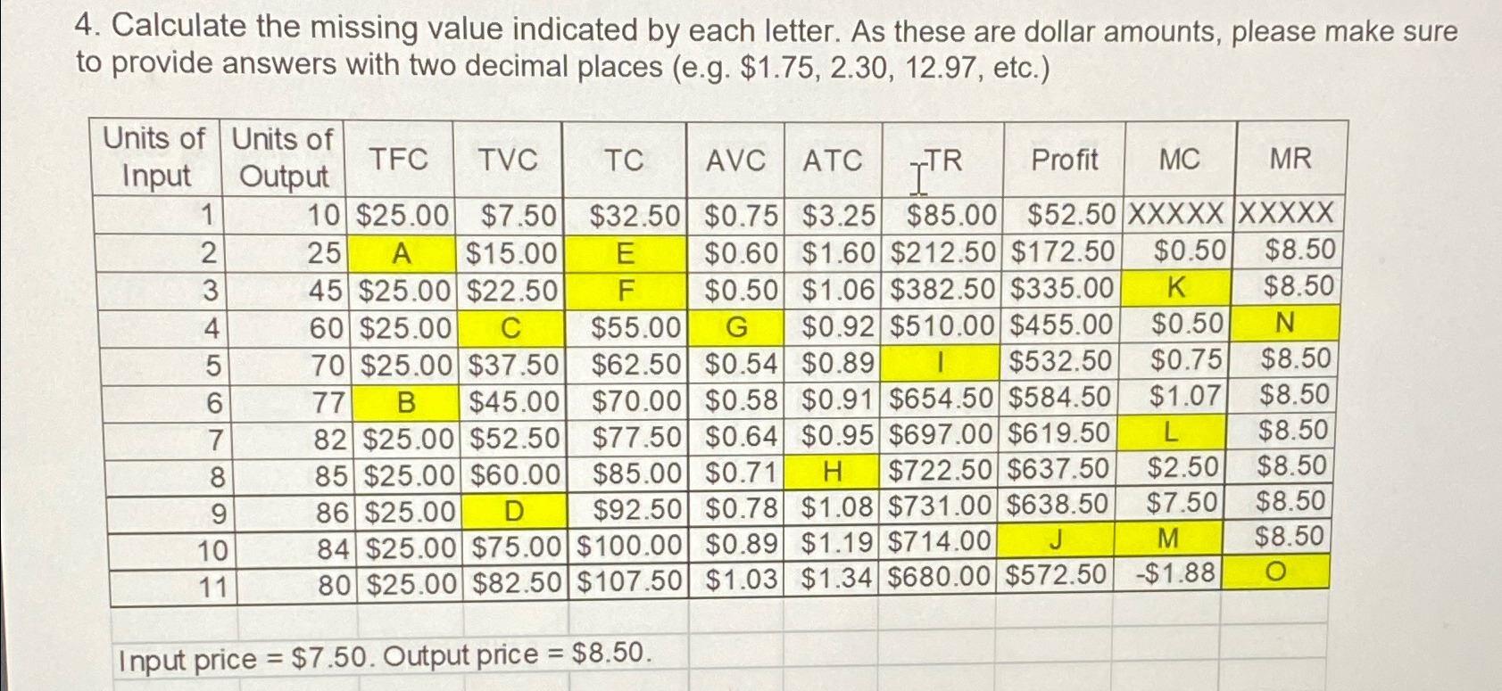 Solved Calculate the missing value indicated by each letter. | Chegg.com