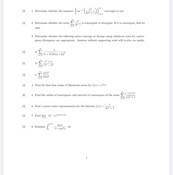 Solved [3] 1. Determine whether the sequence cos - converges | Chegg.com