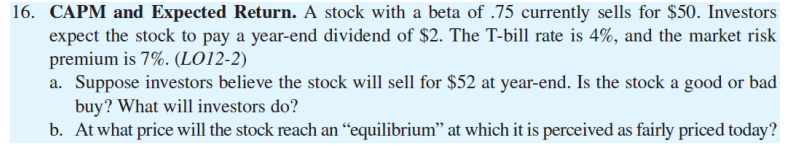 CAPM and Expected Return. A stock with a beta of . 75 | Chegg.com