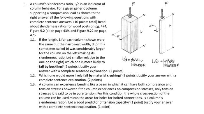 Solved 1. A column's slenderness ratio, L/d is an indicator | Chegg.com
