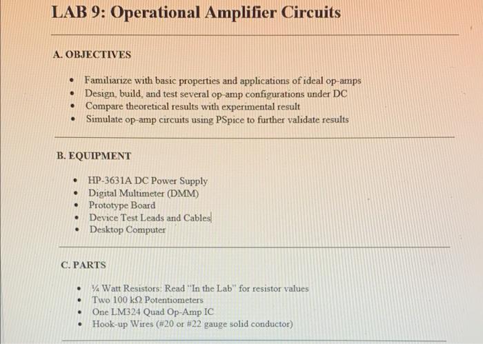 Solved LAB 9: Operational Amplifier Circuits A. OBJECTIVES . | Chegg.com