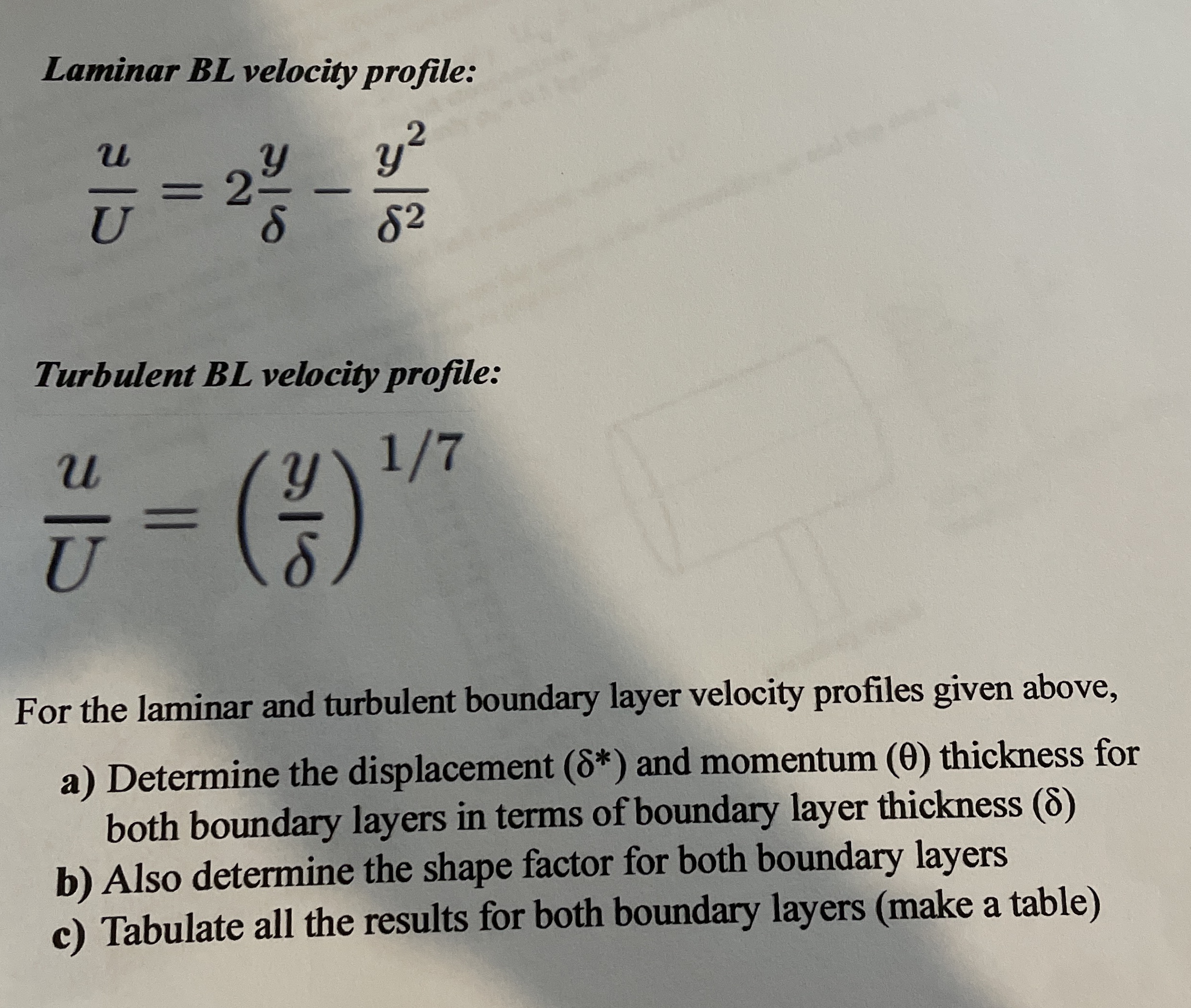 Solved Laminar BL velocity profile:uU=2yδ-y2δ2Turbulent BL | Chegg.com