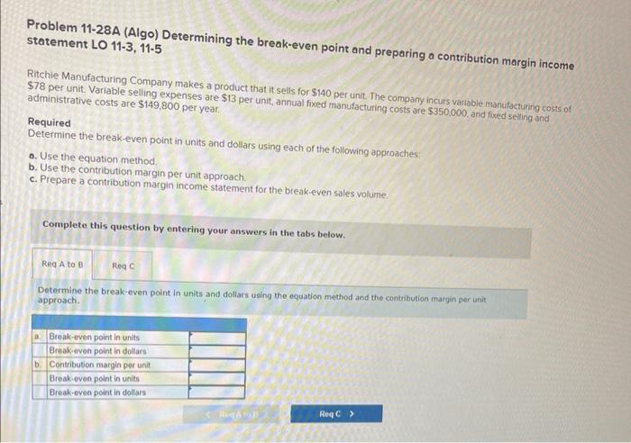 Solved Problem 11-28A (Algo) Determining the break-even | Chegg.com
