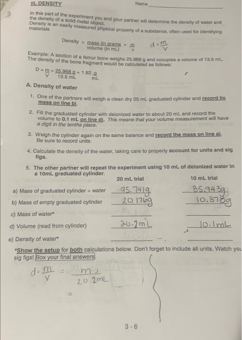 Solved v Name III. DENSITY In this part of the experiment | Chegg.com