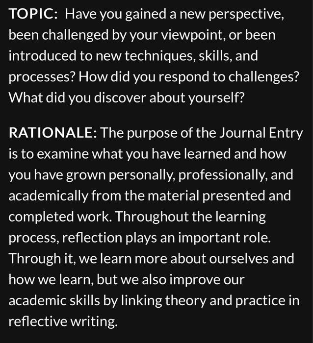 Solved TOPIC: Have you gained a new perspective, been | Chegg.com