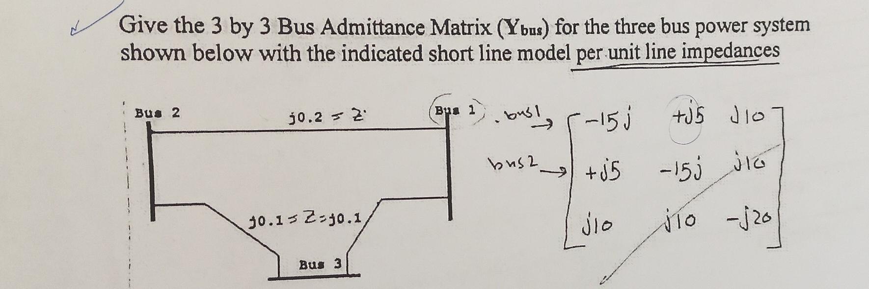 Solved Give the 3 by 3 Bus Admittance Matrix (Ybus) for the | Chegg.com