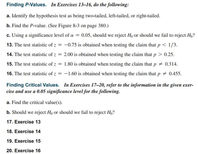 Solved Finding P-Values. In Exercises 13–16, do the | Chegg.com