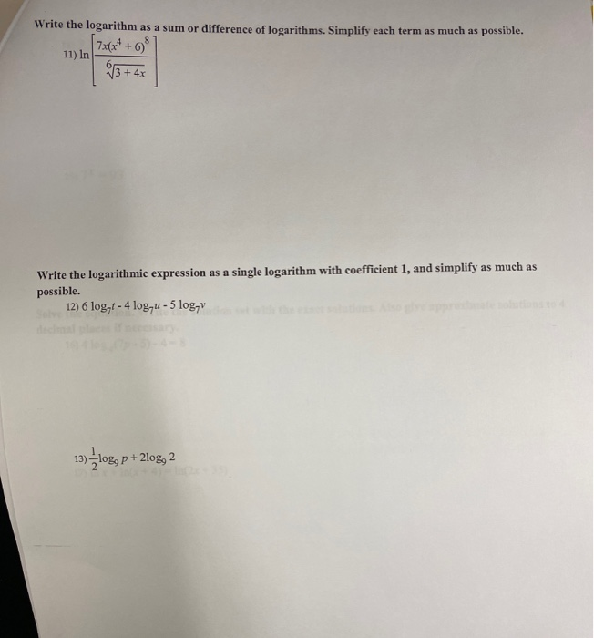 Solved Write the logarithm as a sum or difference of | Chegg.com