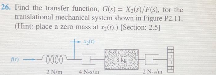 Solved 6. Find the transfer function, G(s)=X2(s)/F(s), for | Chegg.com