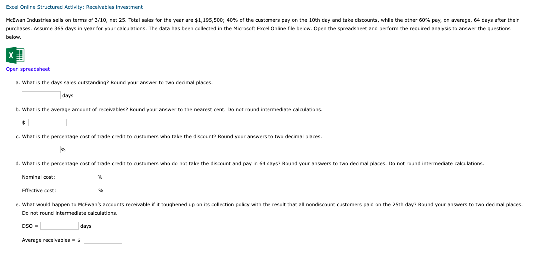 Solved Excel Online Structured Activity: Receivables | Chegg.com