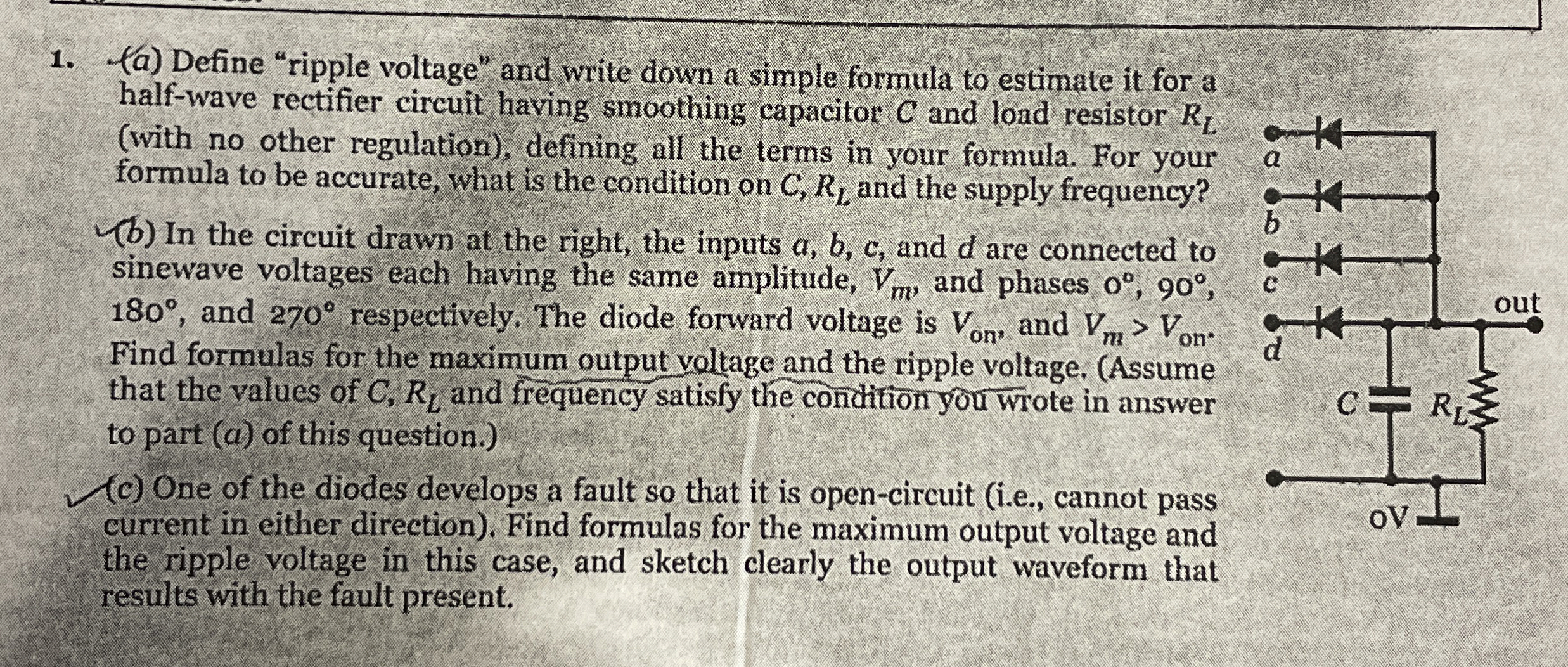 Solved (a) ﻿Define "ripple voltage" and write down a simple | Chegg.com