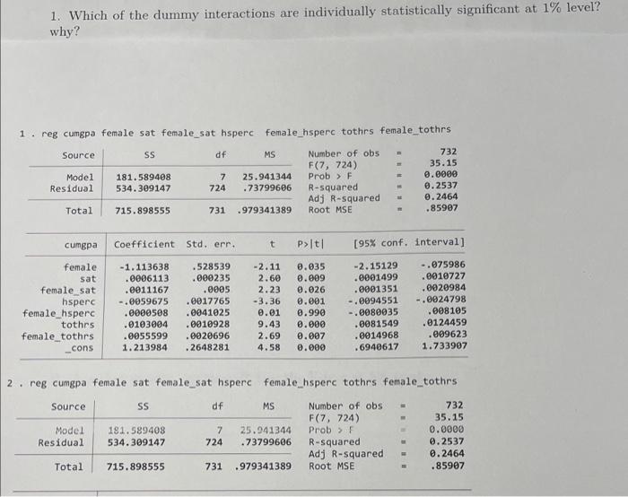 Solved 1. Which of the dummy interactions are individually | Chegg.com