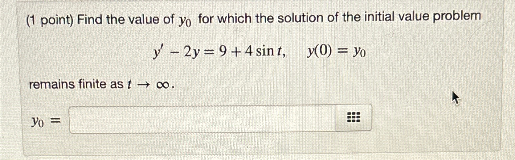 Solved (1 point) Find the value of y0 for which the | Chegg.com Solved (1 point) Find the value of y0 for which the | Chegg.com