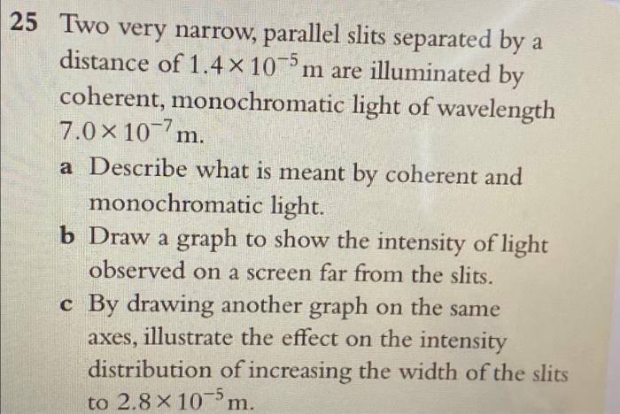 Solved 25 Two very narrow, parallel slits separated by a | Chegg.com
