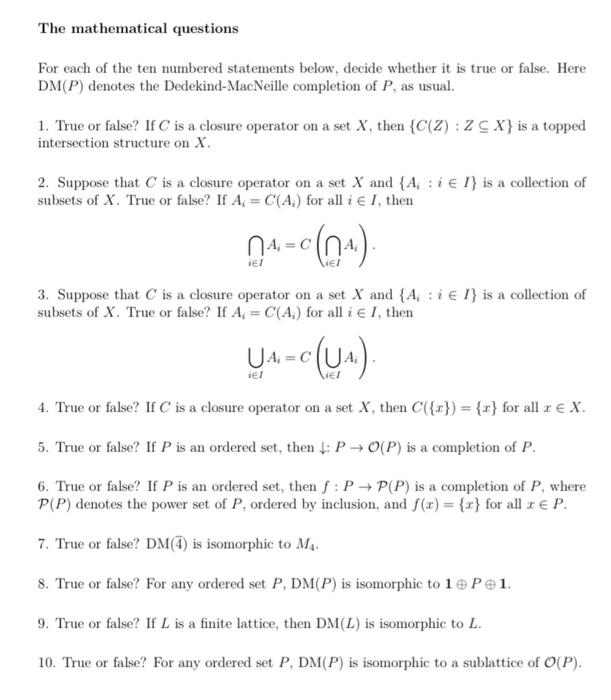 Solved The mathematical questions For each of the ten | Chegg.com