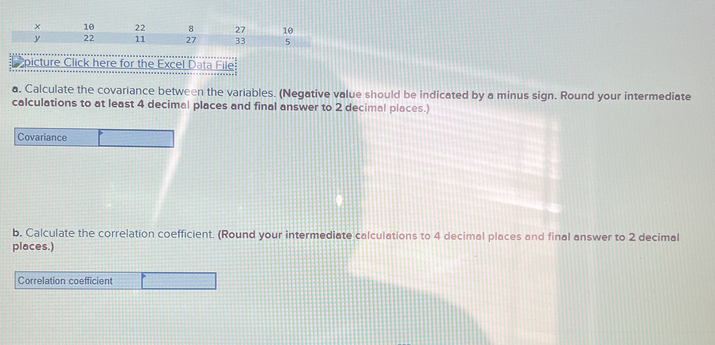 Solved \table[[x,10,22,8,27,10],[y,22,11,27,33,5]]Zpicture | Chegg.com