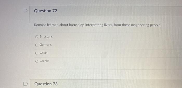 Solved Question 72 Romans learned about haruspicy, | Chegg.com