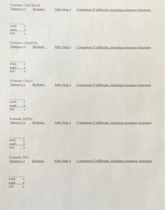 Solved Formula: CH.CH OH Valence e's Skeleton Afer Step 4 | Chegg.com