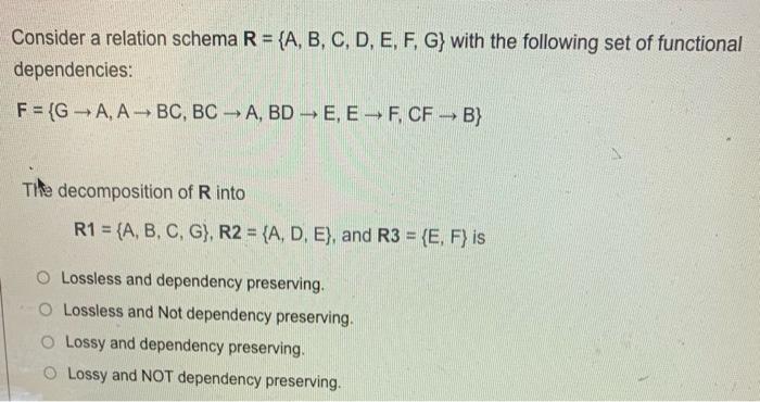Solved Consider a relation schema R = {A, B, C, D, E, F, G} | Chegg.com