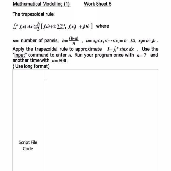 Solved Mathematical Modelling (1) Work Sheet 5 The | Chegg.com