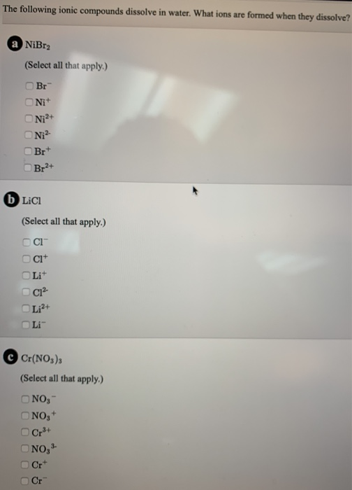 Solved The following ionic compounds dissolve in water. What | Chegg.com