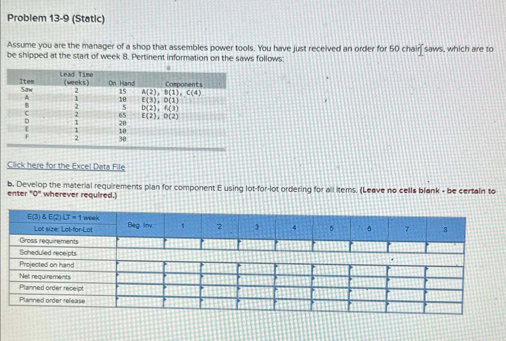 Solved Problem 13-9 (Static)Assume you are the manager of a | Chegg.com