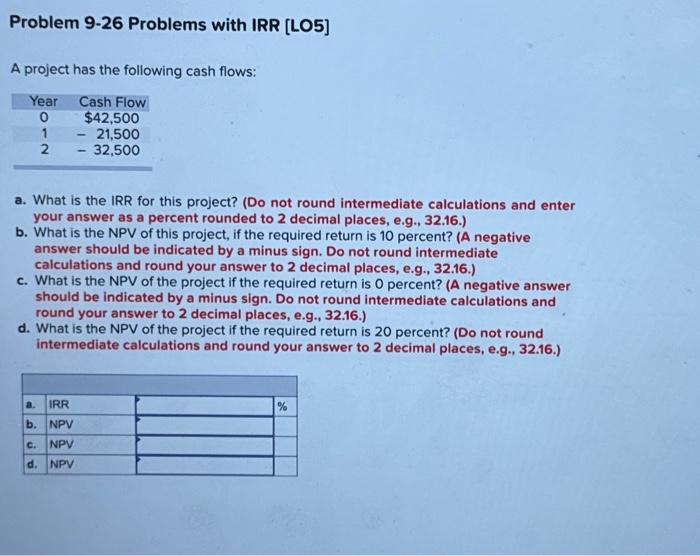 Solved Problem 9-26 Problems with IRR [LO5] A project has | Chegg.com