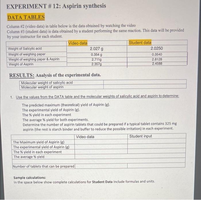 Solved EXPERIMENT #12: Aspirin synthesis DATA TABLES Column | Chegg.com