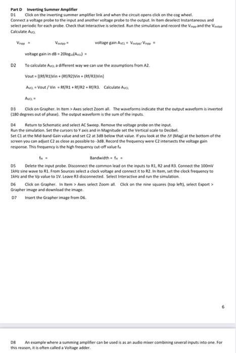 Solved Part D Inverting Summer Amplifier DI Click on the | Chegg.com