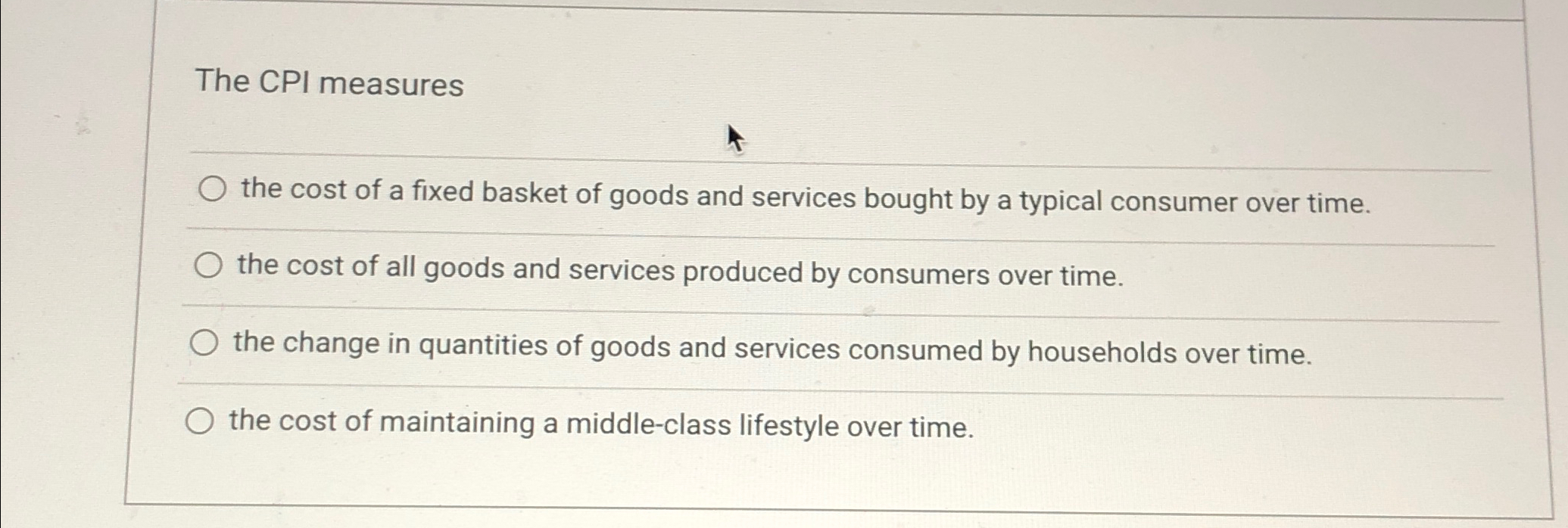 Solved The CPI measuresthe cost of a fixed basket of goods | Chegg.com