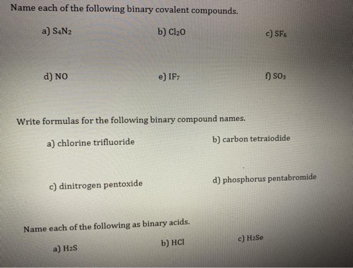 Solved Name each of the following binary covalent compounds. | Chegg.com