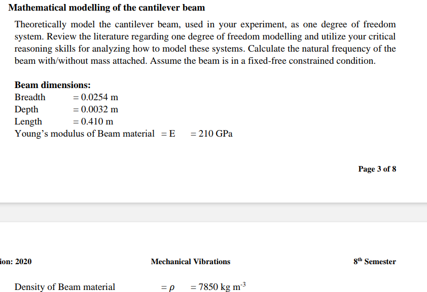 Solved Mathematical modelling of the cantilever | Chegg.com
