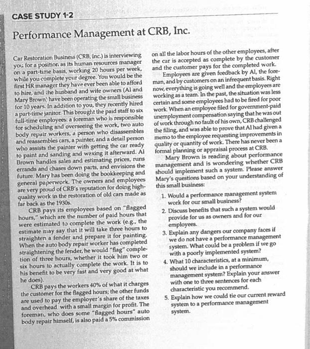 Solved CASE STUDY 1-2 Performance Management at CRB, Inc. | Chegg.com