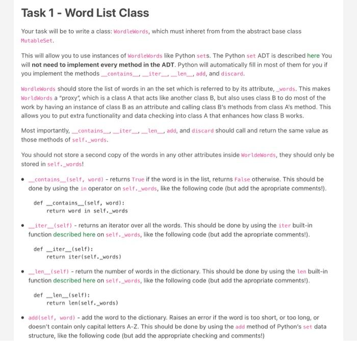 Solved Task 1 - Word List Class Your task will be to write a | Chegg.com