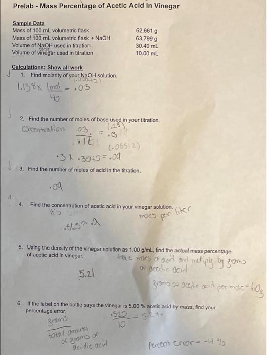 Solved Prelab - Mass Percentage of Acetic Acid in Vinegar | Chegg.com