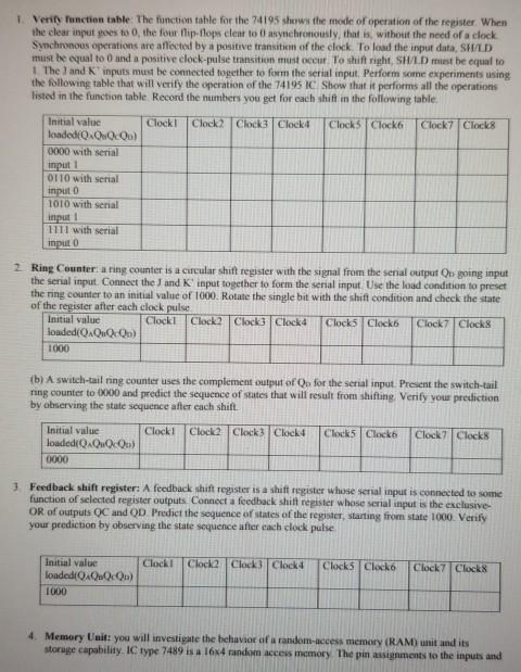 Lab 10 Shift Registers & Memory Unit 74195 (shin | Chegg.com