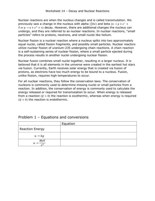 Solved Worksheet 14 - Decay and Nuclear Reactions Nuclear | Chegg.com